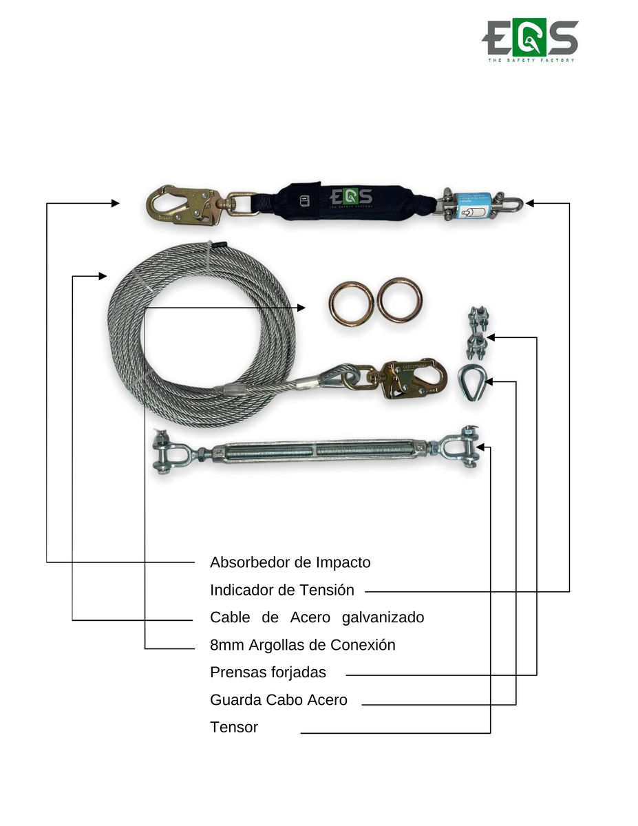 Línea de vida temporal Horizontal 20m acerada 8mm – ALTURASTORE.CL